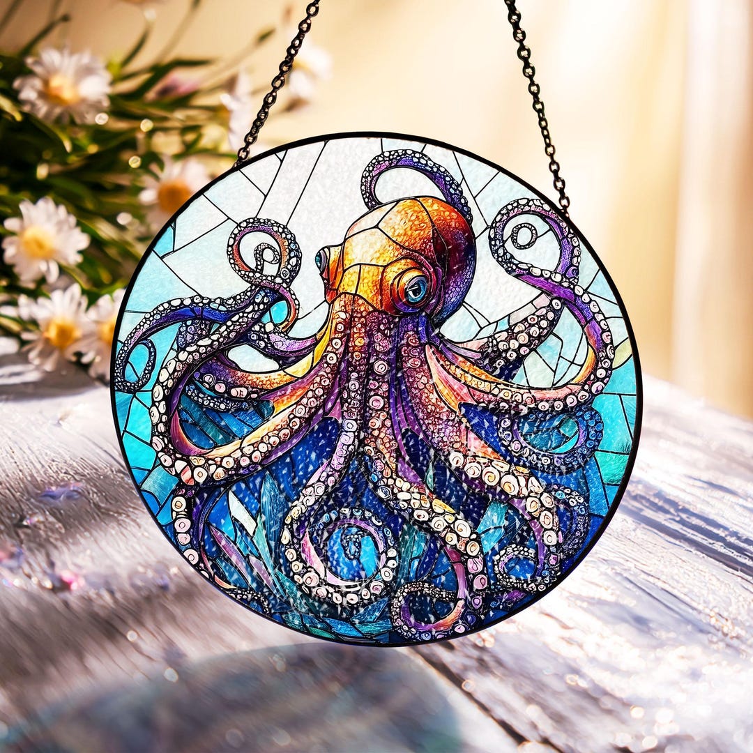 Octopus Stained Glass Decor, Suncatcher Ornament, Octopus Suncatcher ...