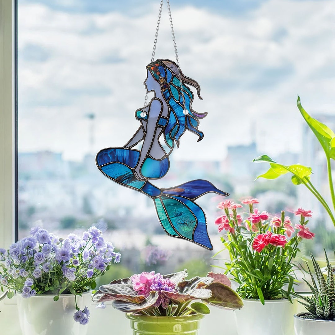 Mermaid Blue Hair Acrylic Window Hanging, Mermaid Window Hagnings, Gift ...