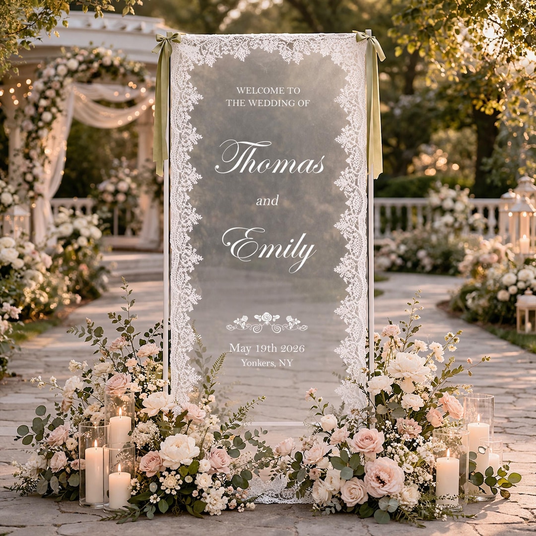 Elegant Lace Wedding Welcome Sign, Sheer Fabric Wedding Banner, Custom ...