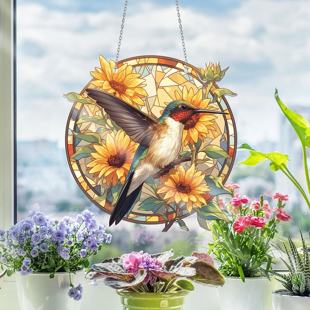 Hummingbird and Sunflower Acrylic Window Hanging, Humming Bird Window ...