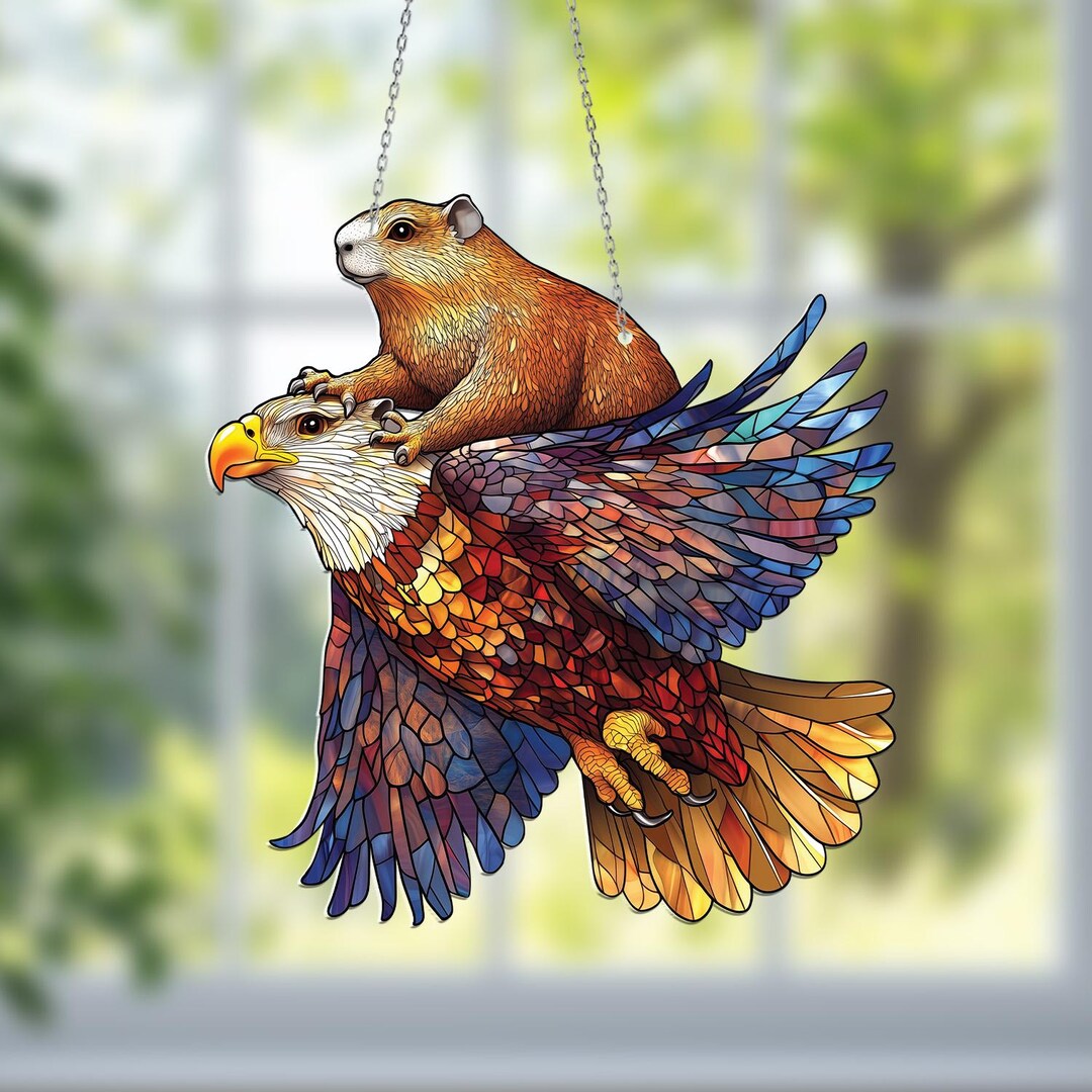 Capybara on Eagle Window Hanging, Majestic Animal Pair With Colorful ...