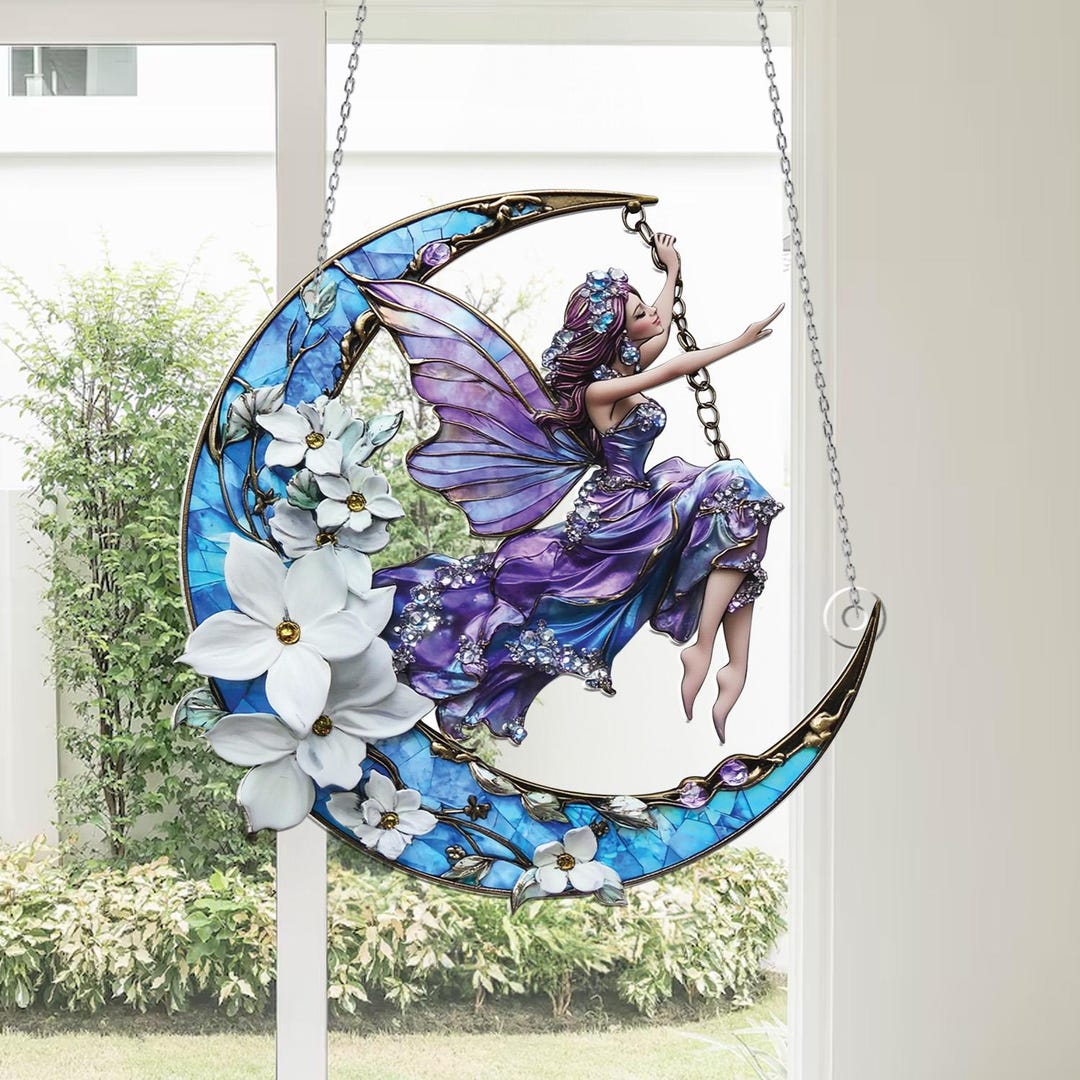 Fairy on the Moon Floral Window Hanging, Butterfly Wings Magical Fairy ...