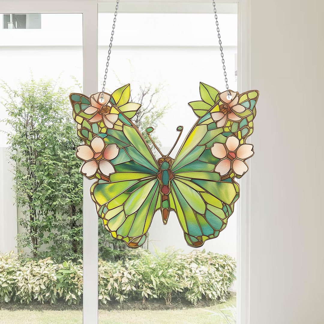 Green Butterfly Acrylic Window Hanging, Butterfly With Flower Hanging ...