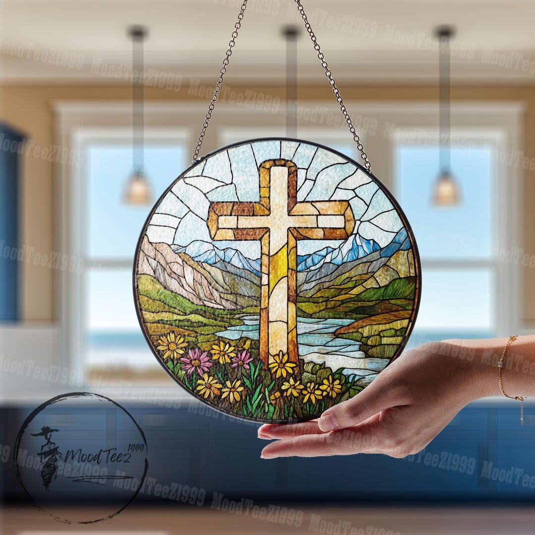 Christian Cross Stained Glass Window Hanging, Scenic Faith Suncatcher ...
