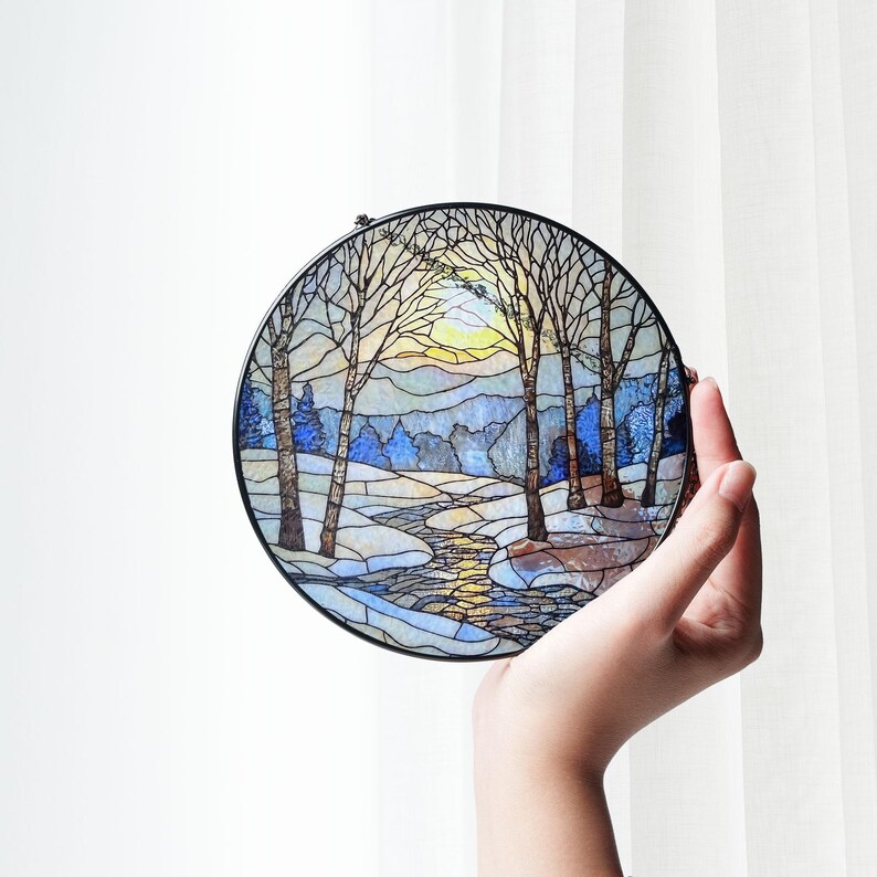 Stained Glass Winter Sunrise Suncatcher: Snow Scene Home Decor - Etsy