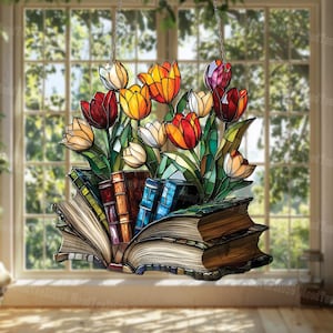 Tulip and Book Acrylic Window Hanging - Vibrant Acrylic Look, Literary ...