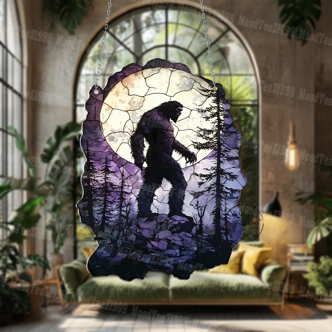 Bigfoot Window Hanging, Stained Glass Sasquatch Art, Moonlight Forest ...