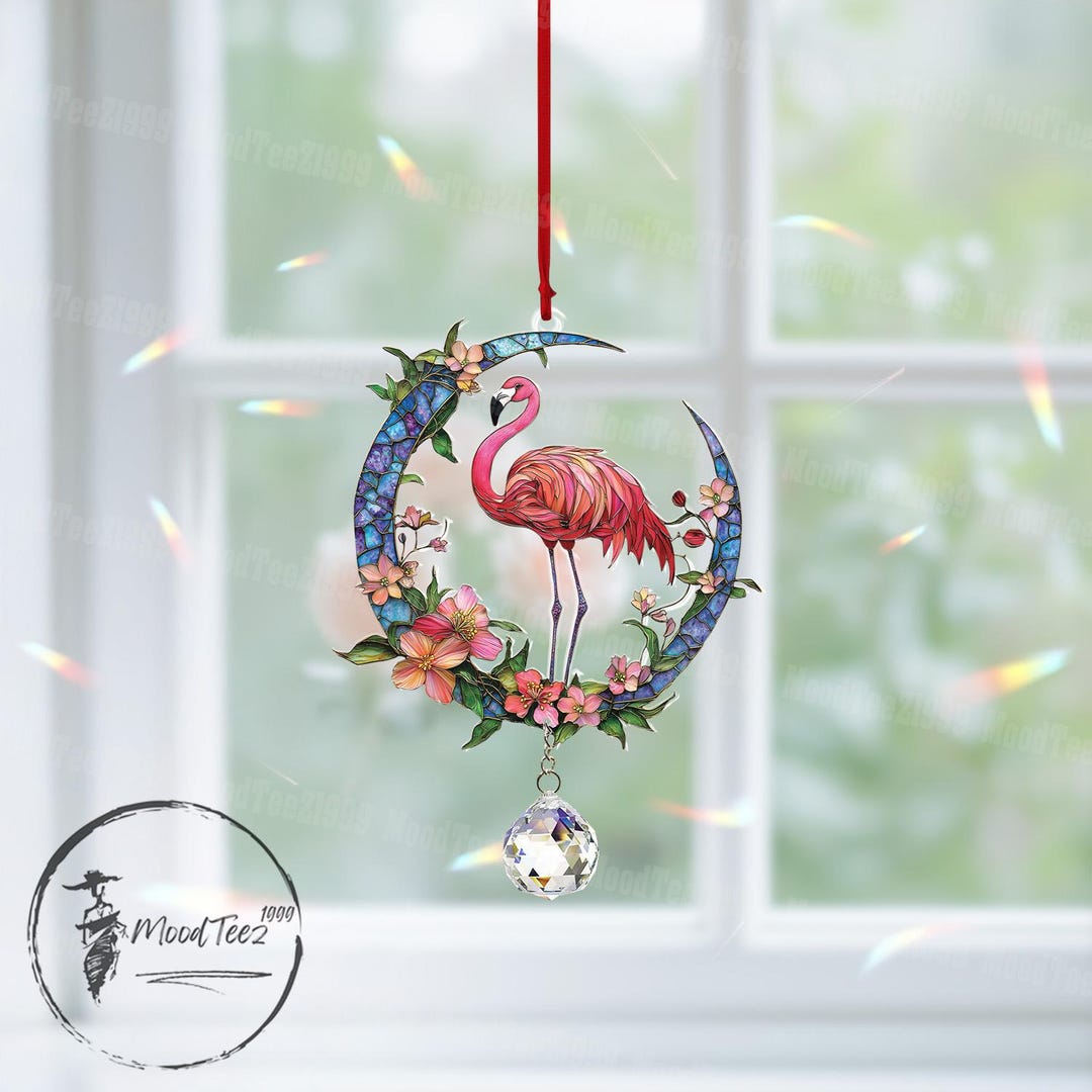 Flamingo on Crescent Moon Window With Crystal,tropical Bird and Floral ...