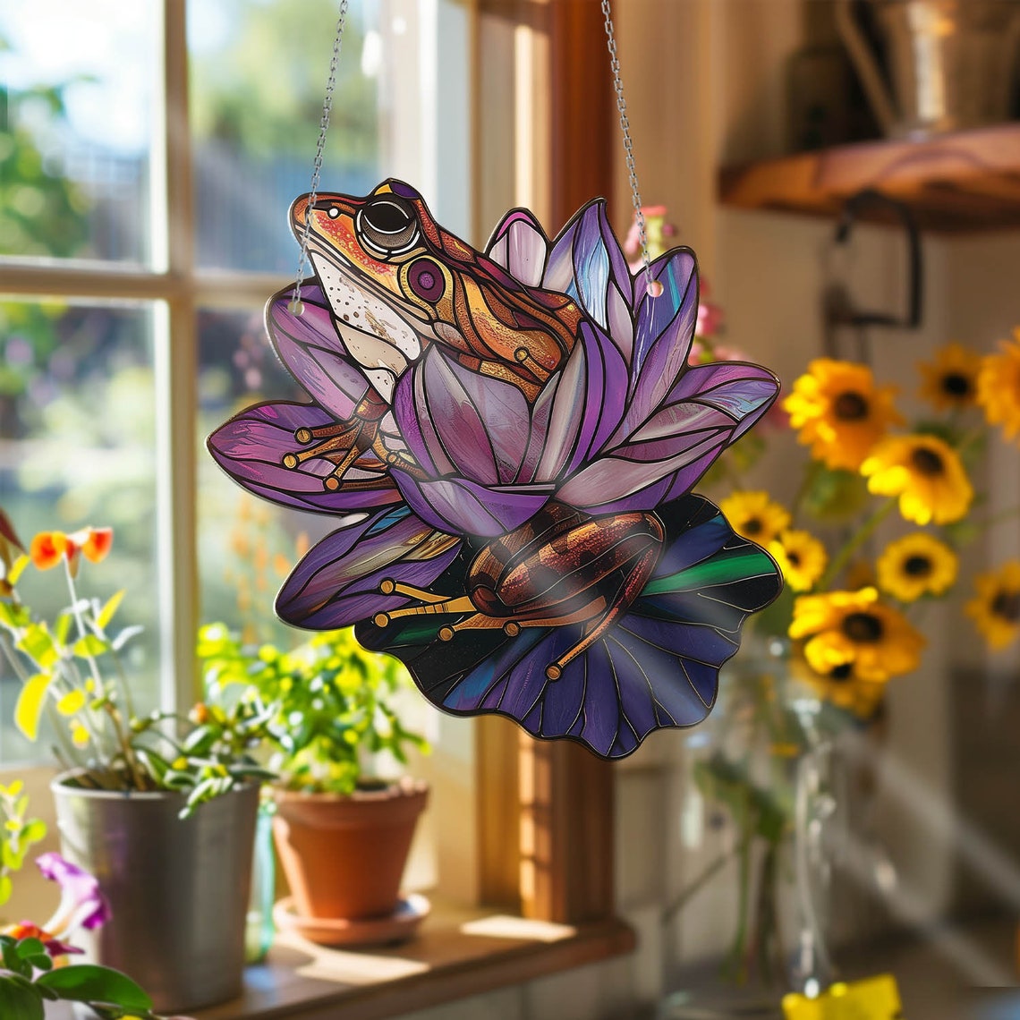 Frog on Lotus Flower Acrylic Window Hanging, Frog Acrylic Window ...