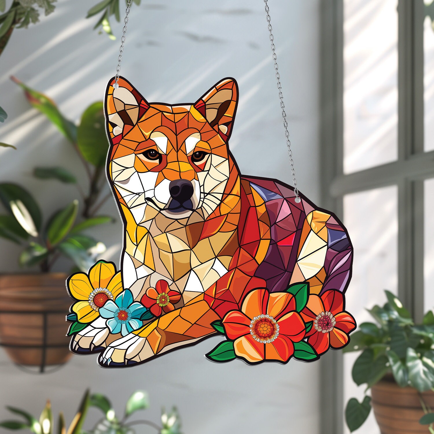 Shiba Inu and Flower Acrylic Window Decor, Shiba Inu Wall Art, Shiba ...