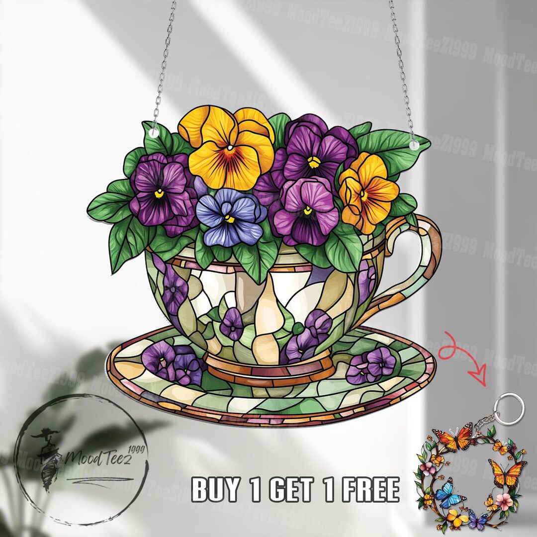 Teacup With Pansies Window Hanging, Colorful Floral Window, Vibrant ...