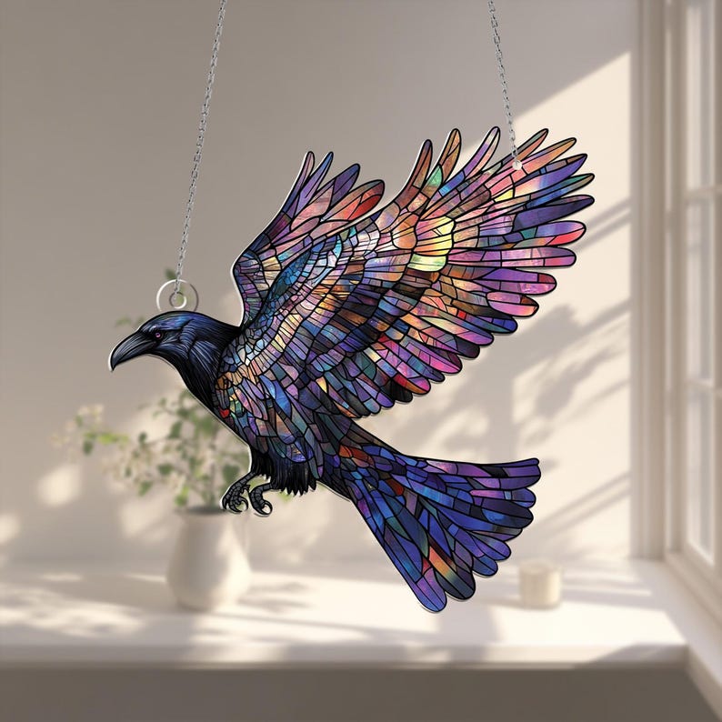 Raven Acrylic Window Hanging: Colorful Bird Art Decoration - Etsy