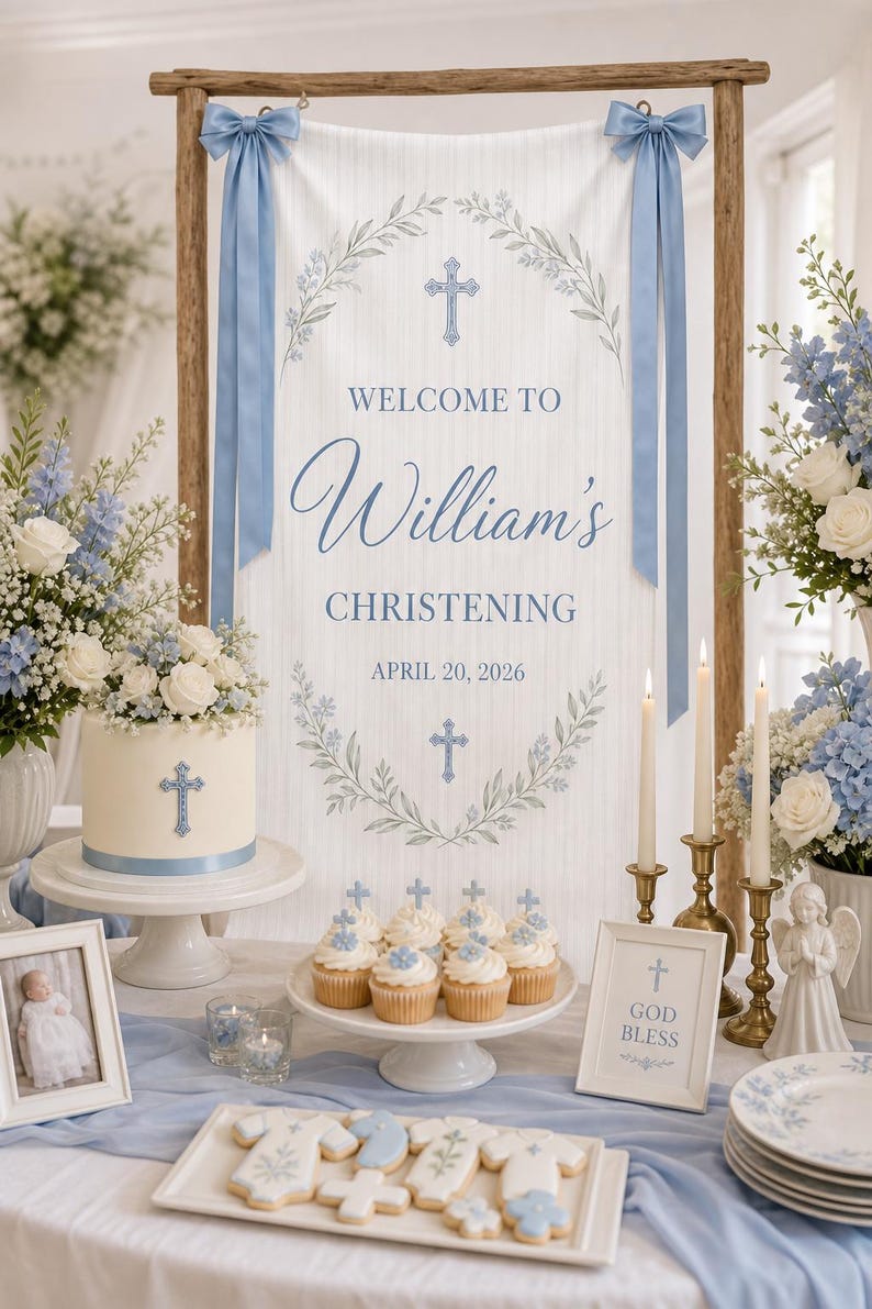 Personalized Christening Welcome Sign, Baptism Fabric Banner, Blue Baby ...