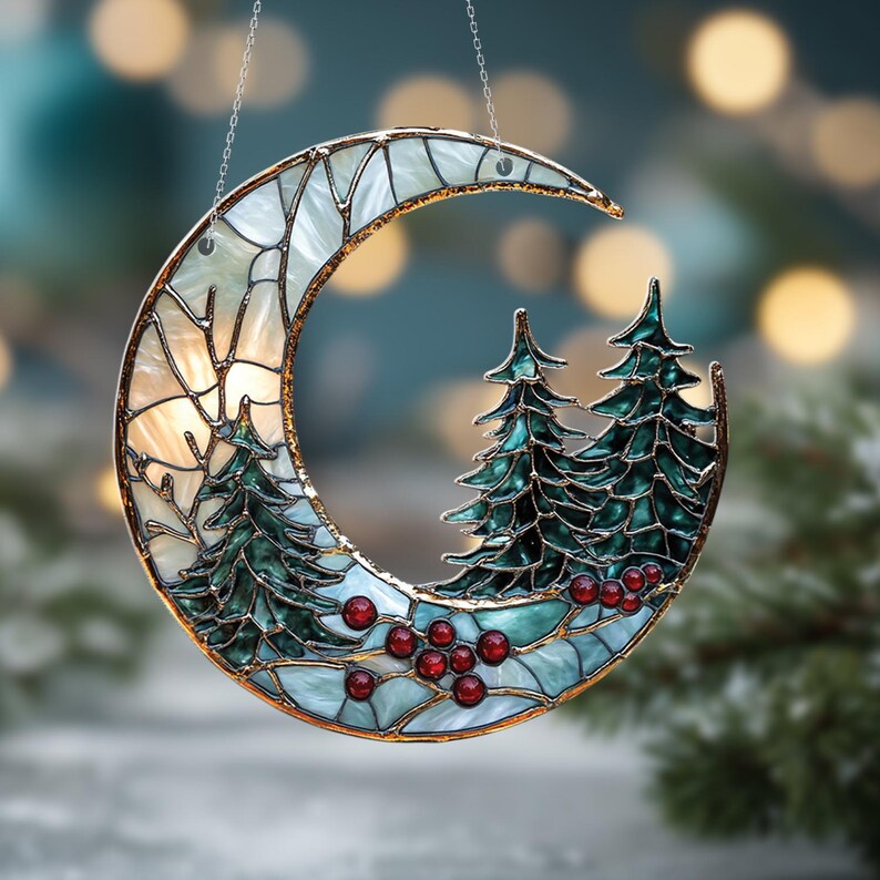 Crescent Moon Tree Acrylic Window Ornament: Winter Pine, Red Berries - Etsy