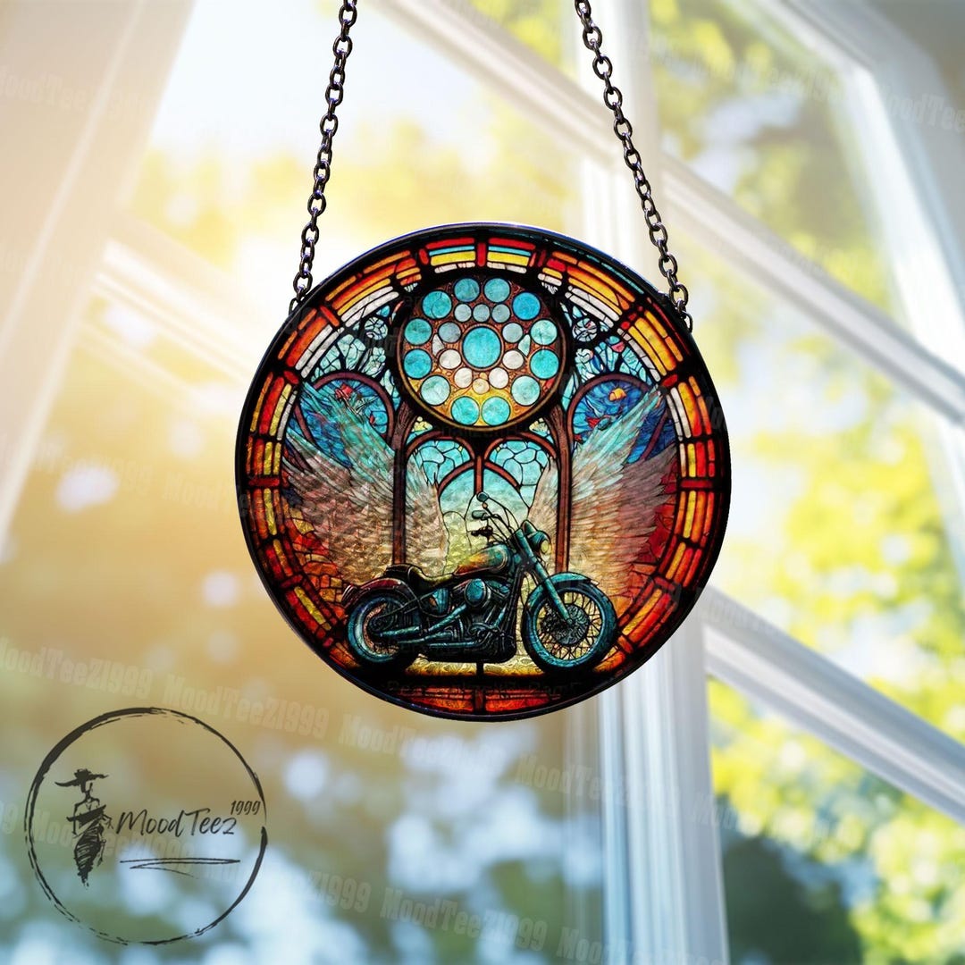 Motorcycle Stained Glass Suncatcher: Biker Angel Wings Memorial Decor ...