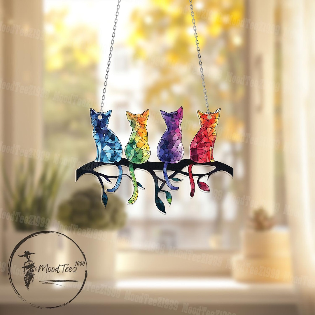 Rainbow Cats Acrylic Window Hanging: Geometric Cat Lover Decor - Etsy