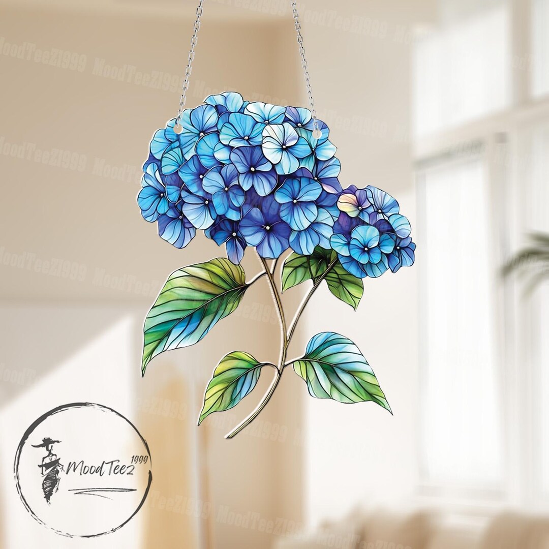 Blue Hydrangea Window Hanging, Floral Gift for Her, Cottagecore Home ...