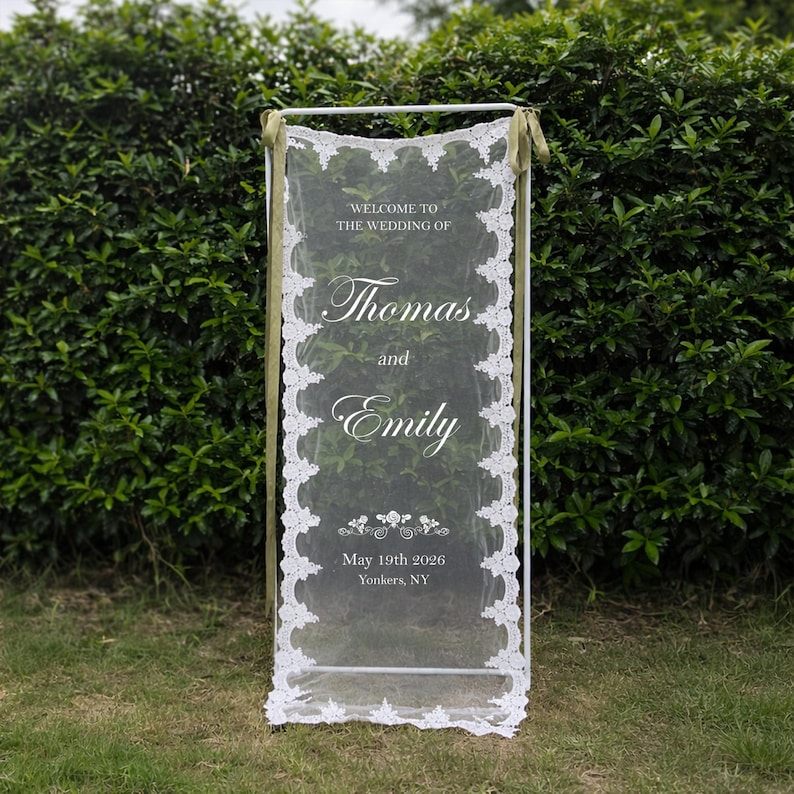 Elegant Lace Wedding Welcome Sign, Sheer Fabric Wedding Banner, Custom ...