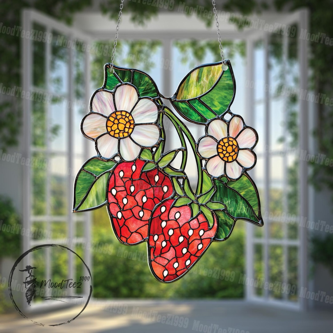 Colorful Strawberry Window Hanging, Acrylic Style With Flowers, Acrylic ...
