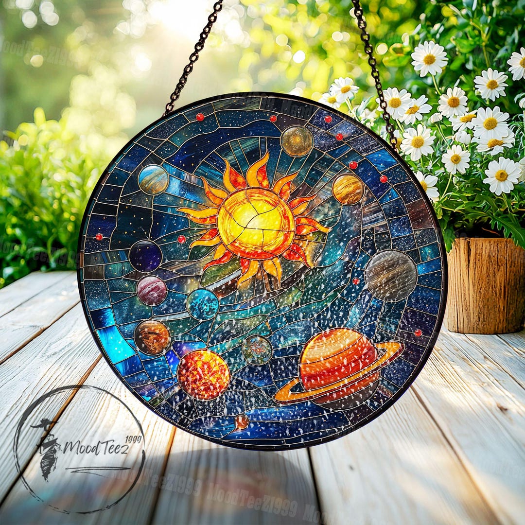 Stained Glass Solar System Window Hanging Handcrafted Cosmic Art Sun ...