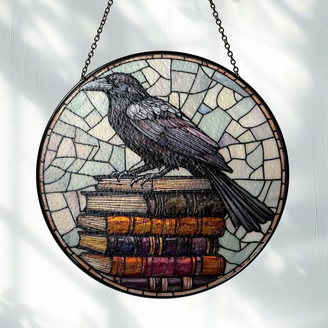 Crow and Book Stack Glass Window Hanging - Etsy