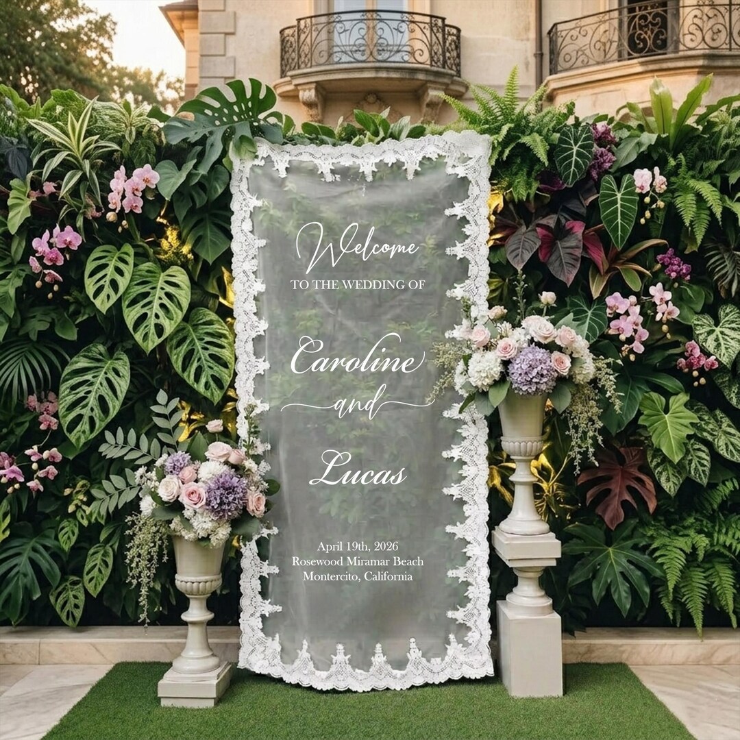 Sheer Lace Wedding Welcome Sign,custom Name Fabric Banner, Elegant ...