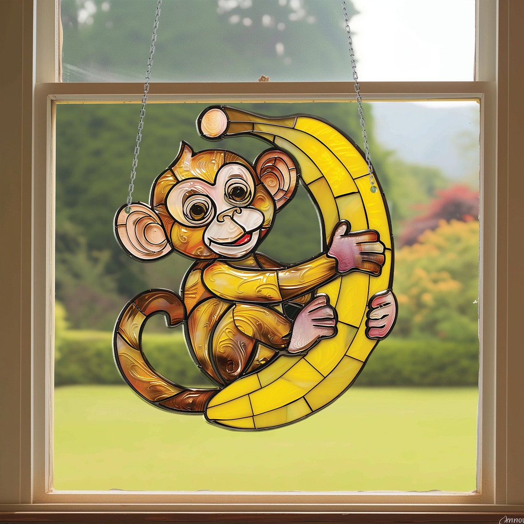 Monkey Hug Banana Acrylic Window Hanging, Monkey Ornament, Monkey Keepsake Gift, Banana Art ...