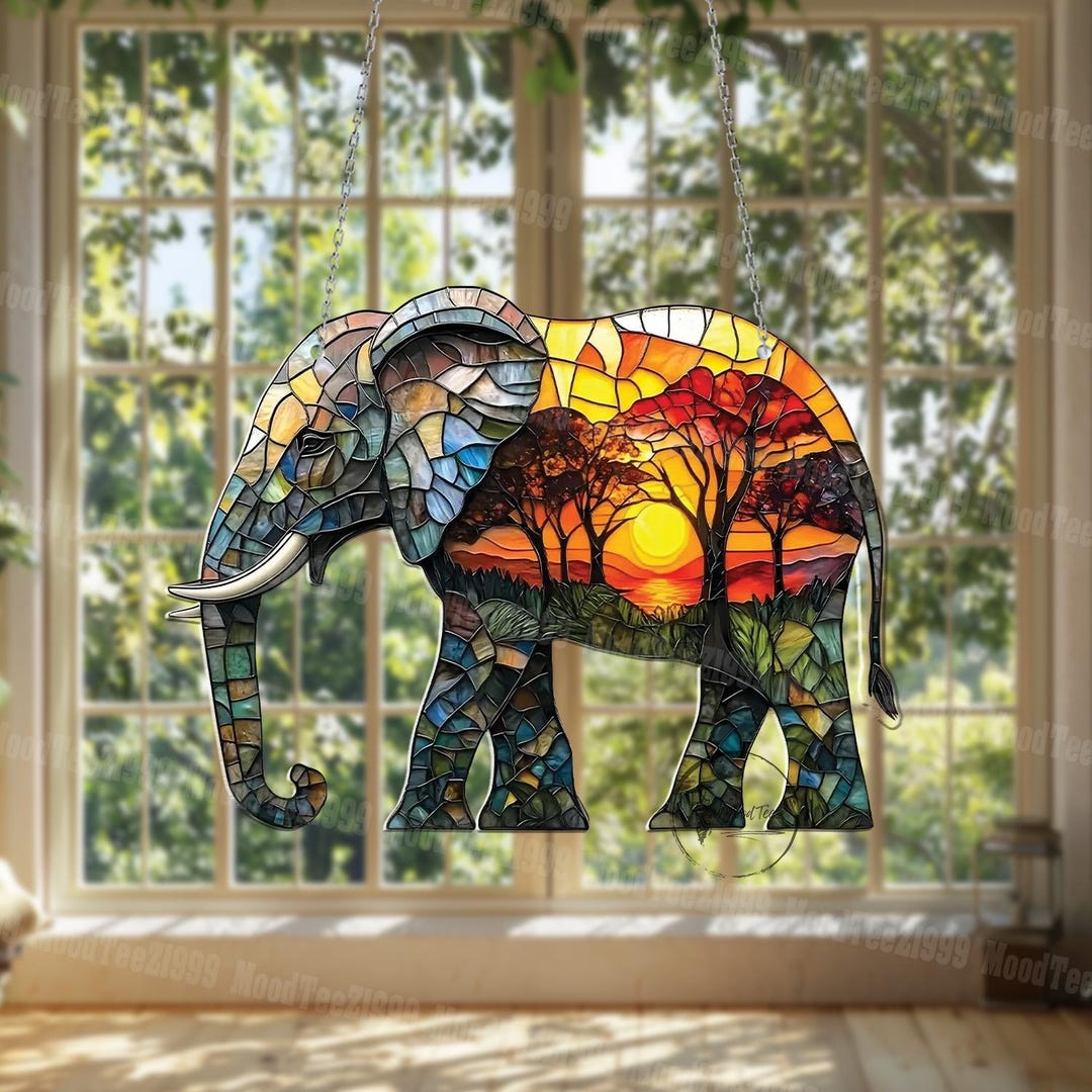 Elephant Window Hanging, Sunset Nature Art, Elephant Window Decor ...