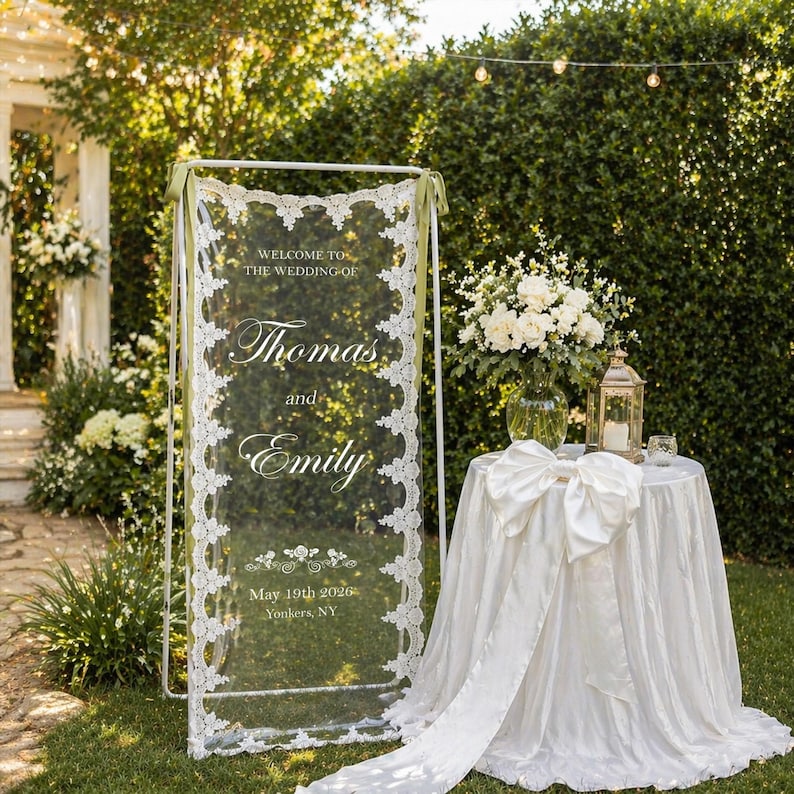 Elegant Lace Wedding Welcome Sign, Sheer Fabric Wedding Banner, Custom ...