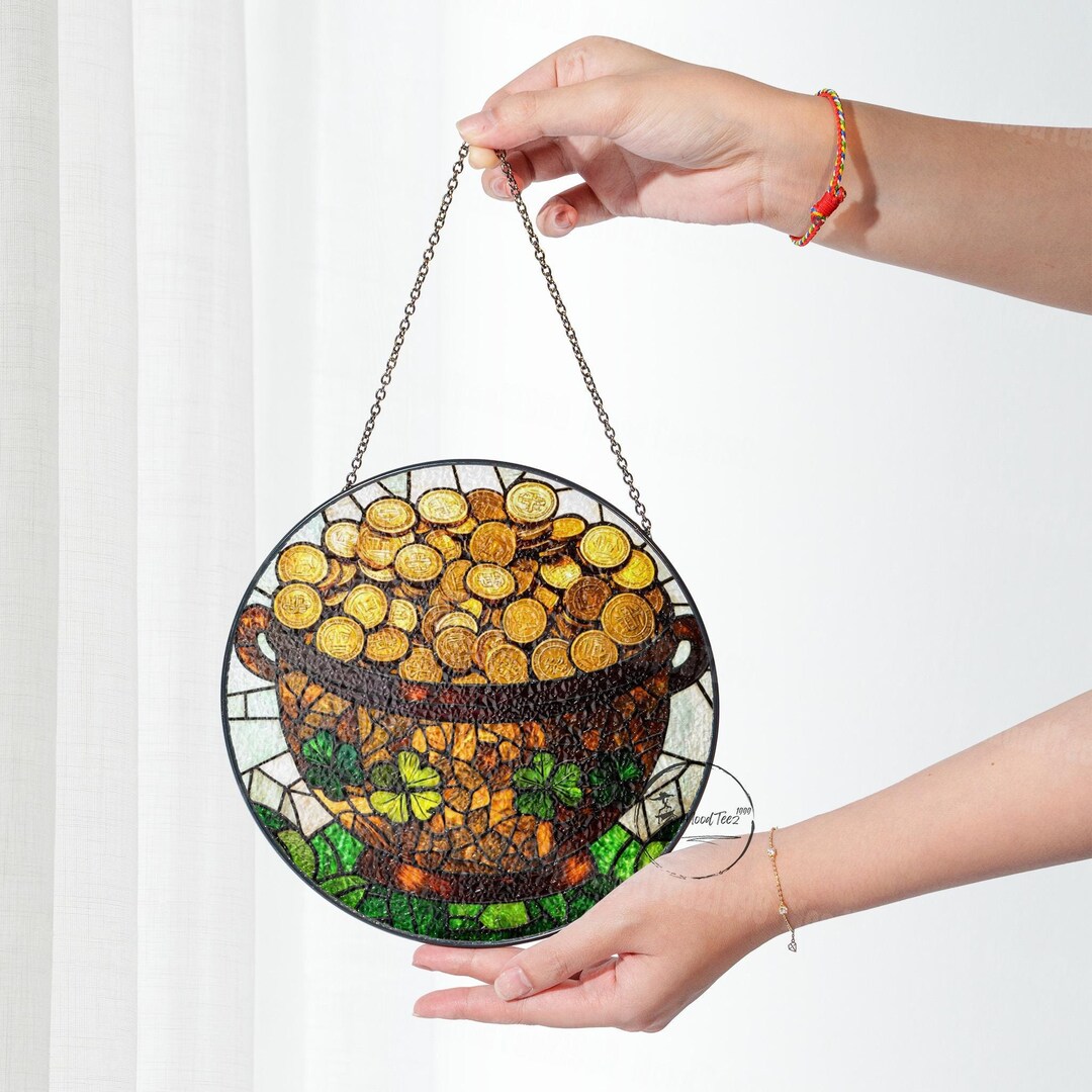 Stained Glass Pot of Gold With Coins and Shamrocks, Lucky Decoration ...