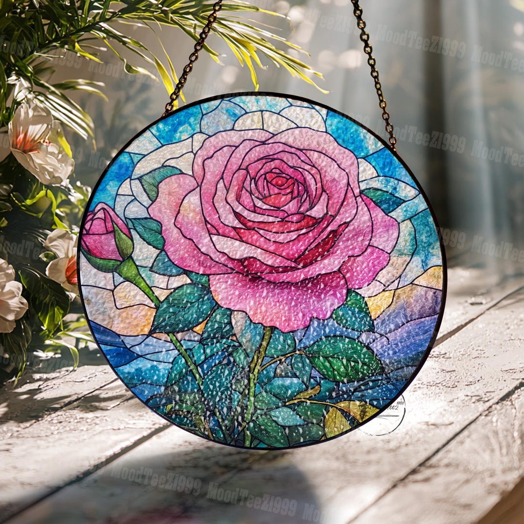 Stained Glass Rose Window Hanging, Handcrafted Pink Rose Glass Art ...