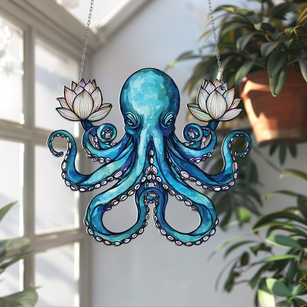 Blue Octopus Lotus ACRYLIC Window Hanging, Sea Octopus Gift, Lotus ...