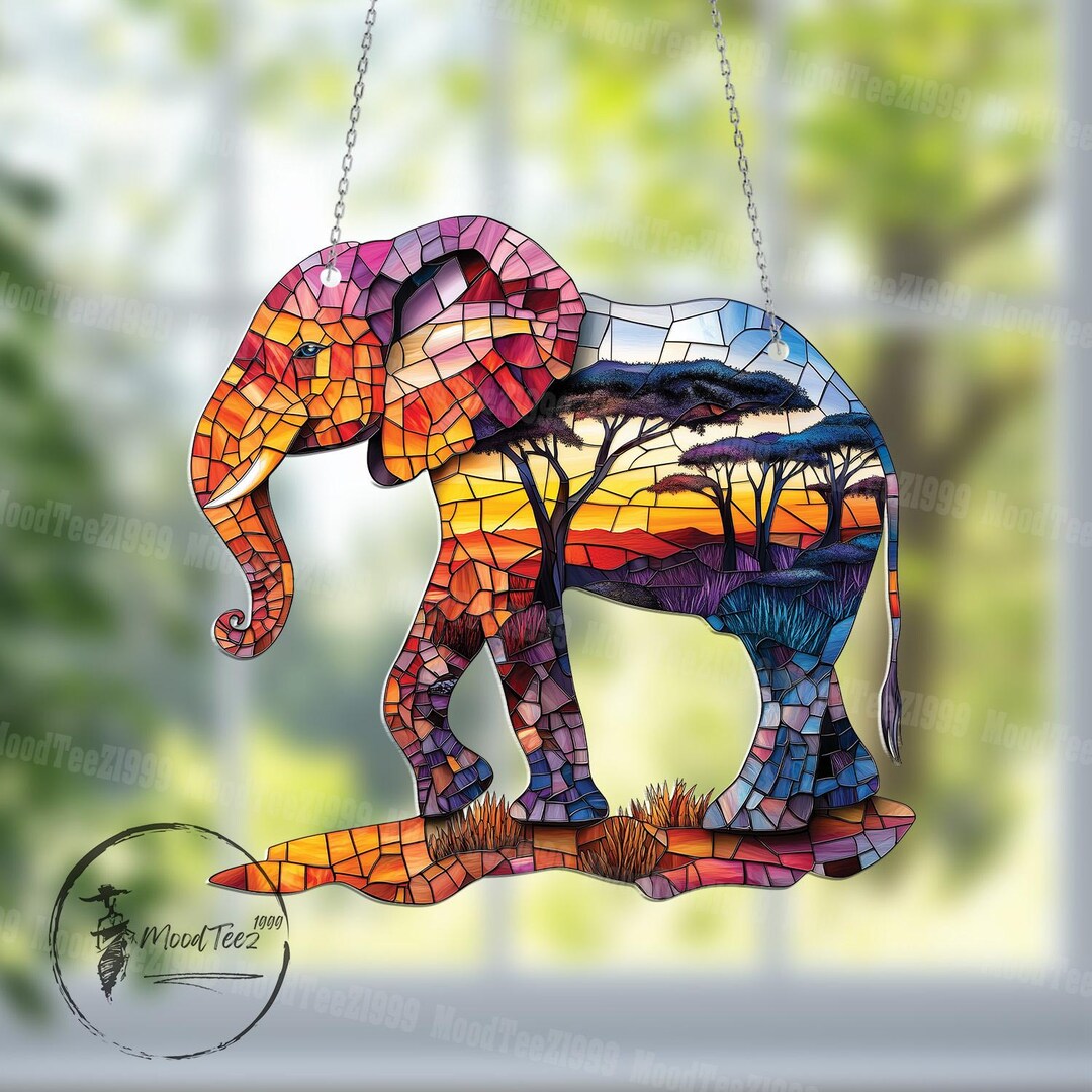 Elephant Acrylic Window Hanging, African Sunset Suncatcher, Safari ...
