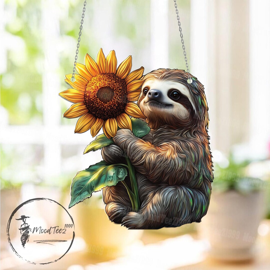 Sloth With Sunflower Acrylic Window Hanging: Boho Nature Decor - Etsy
