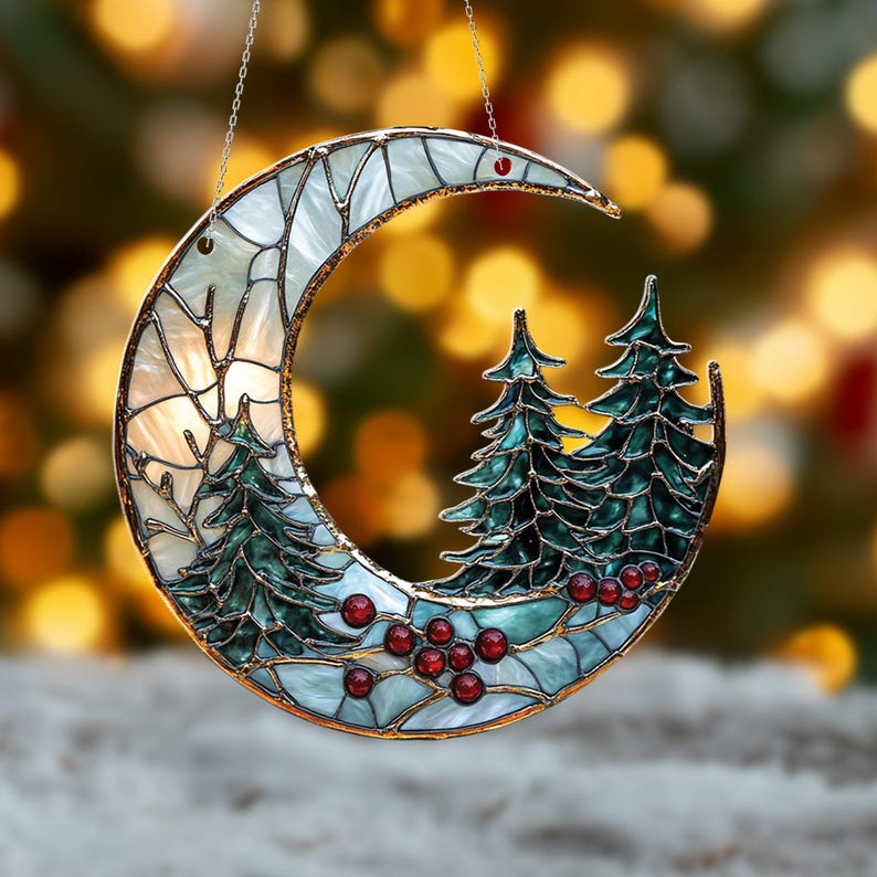Crescent Moon Tree Acrylic Window Ornament: Winter Pine, Red Berries - Etsy