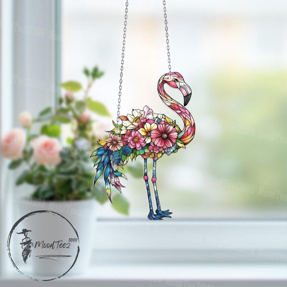 Floral Flamingo Acrylic Window Hanging: Tropical Summer Decor - Etsy