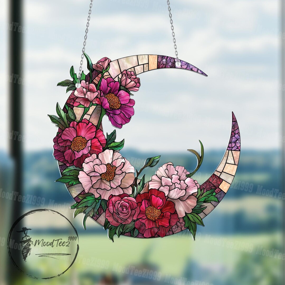 Crescent Moon Window Hanging, Floral Moon Decor, Boho Window Art ...