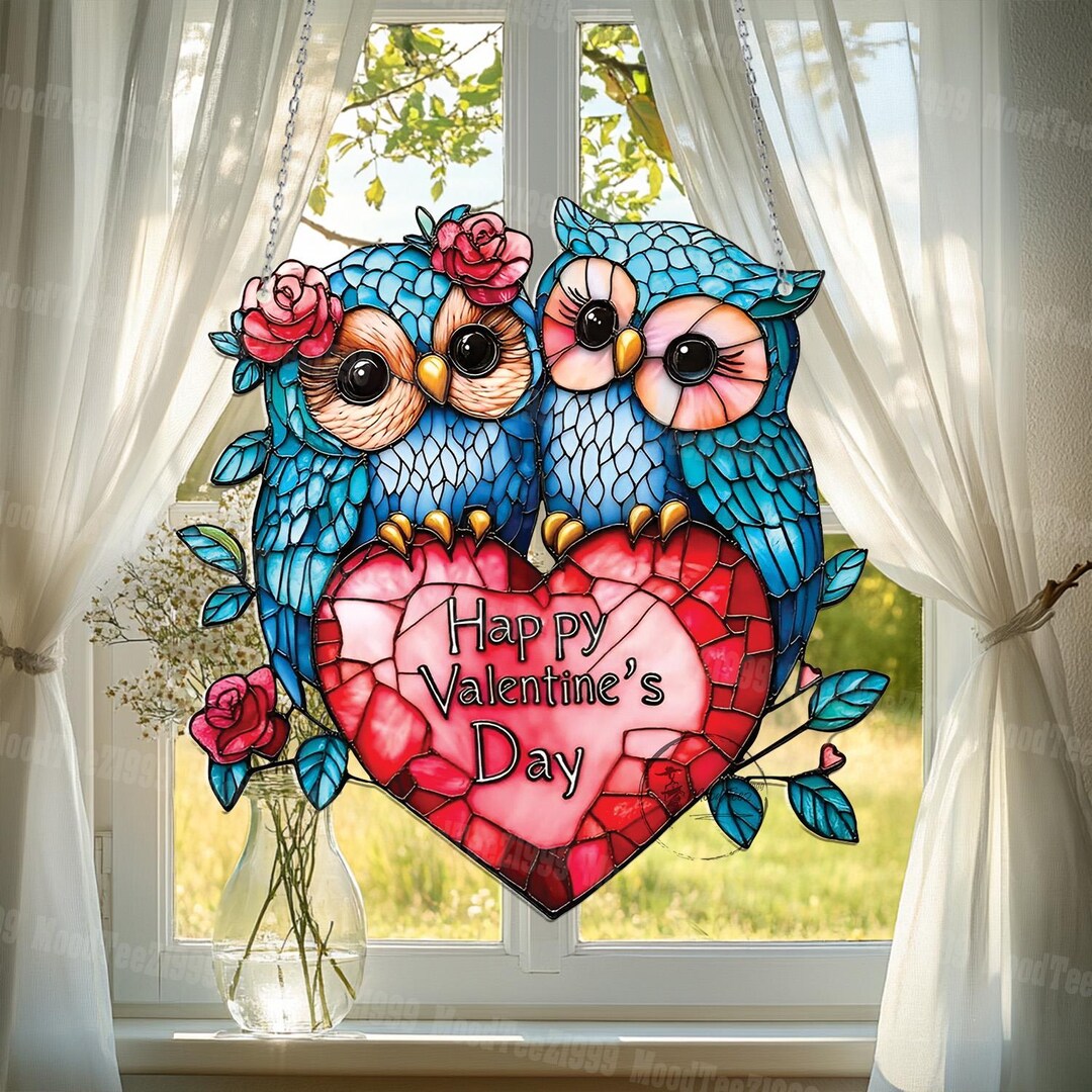 Romantic Owl Couple Window Hanging Valentines Day Heart Ornament Unique ...