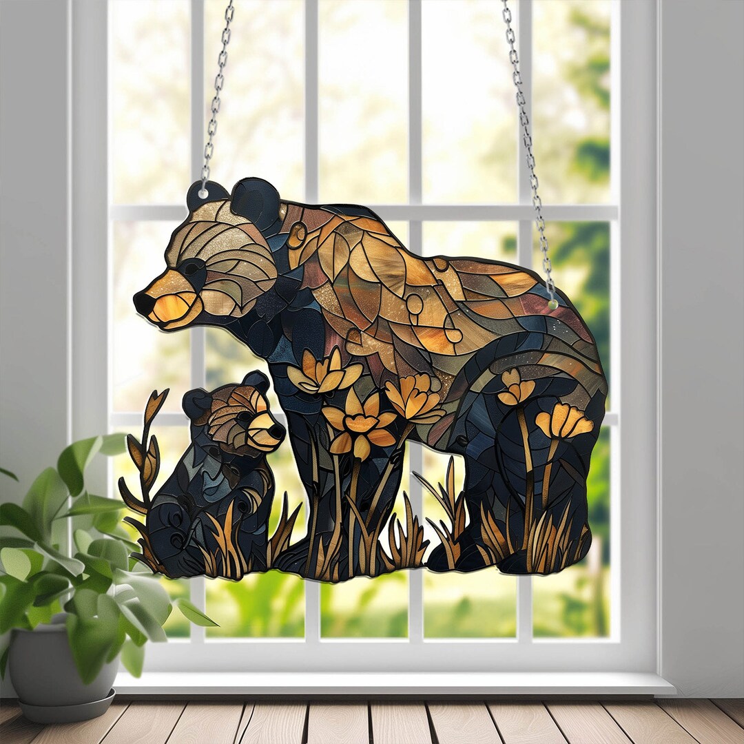 Bear Mom Acrylic Window Hanging, Flower Bear Mom Decor, Bear Window ...
