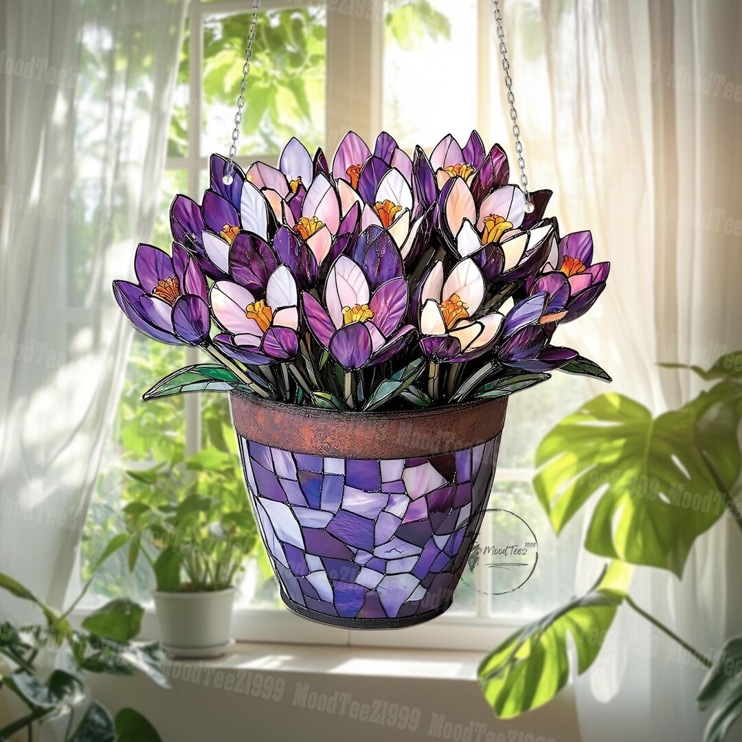 Purple Crocus Flowers in Pot Acrylic Window Hanging Elegant Floral Home ...
