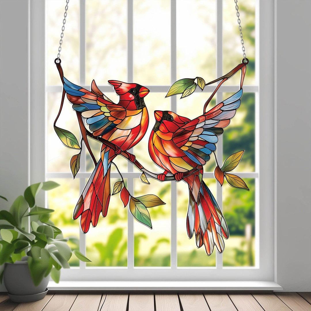 Couple Northern Cardinal Bird Acrylic Window Hanging, Cardinal Bird ...
