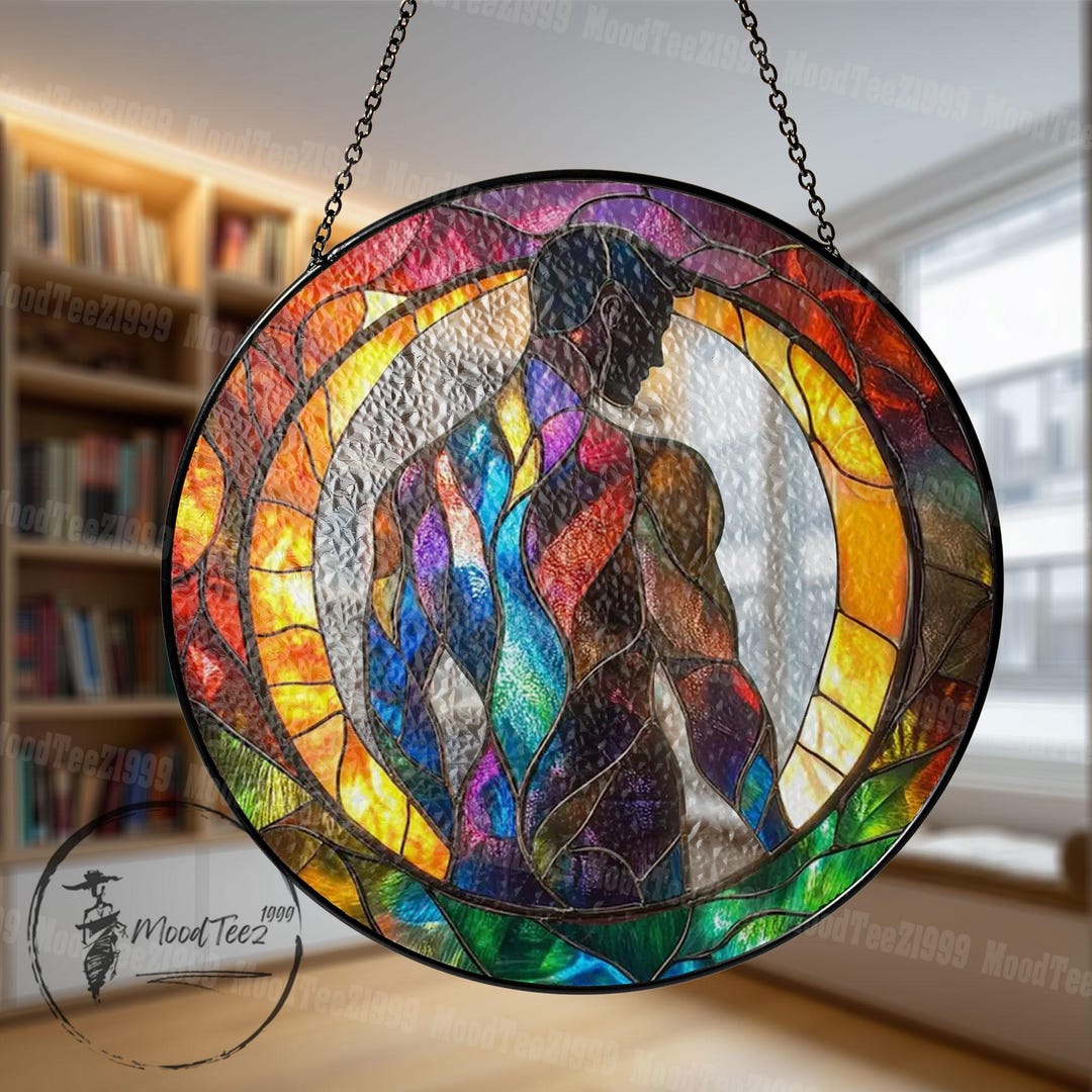 Abstract Male Figure Stained Glass Window Hanging, Modern Rainbow Body ...