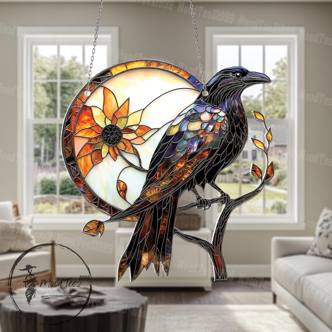 Raven & Sunflower Window Hanging, Gothic Suncatcher, Witchy Home Decor ...
