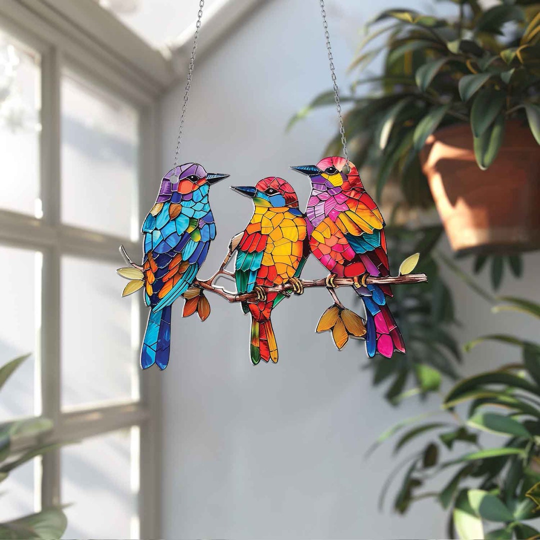 Acrylic Bird Window Hanging: Three Birds on Branch, Colorful Home Decor ...