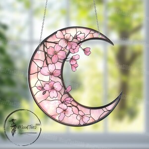 Cherry Blossom Crescent Moon Window Hanging, Floral Sun Catcher, Boho ...