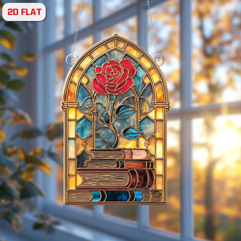 Rose and Books Acrylic Window Hanging, Stained Glass Style Library ...