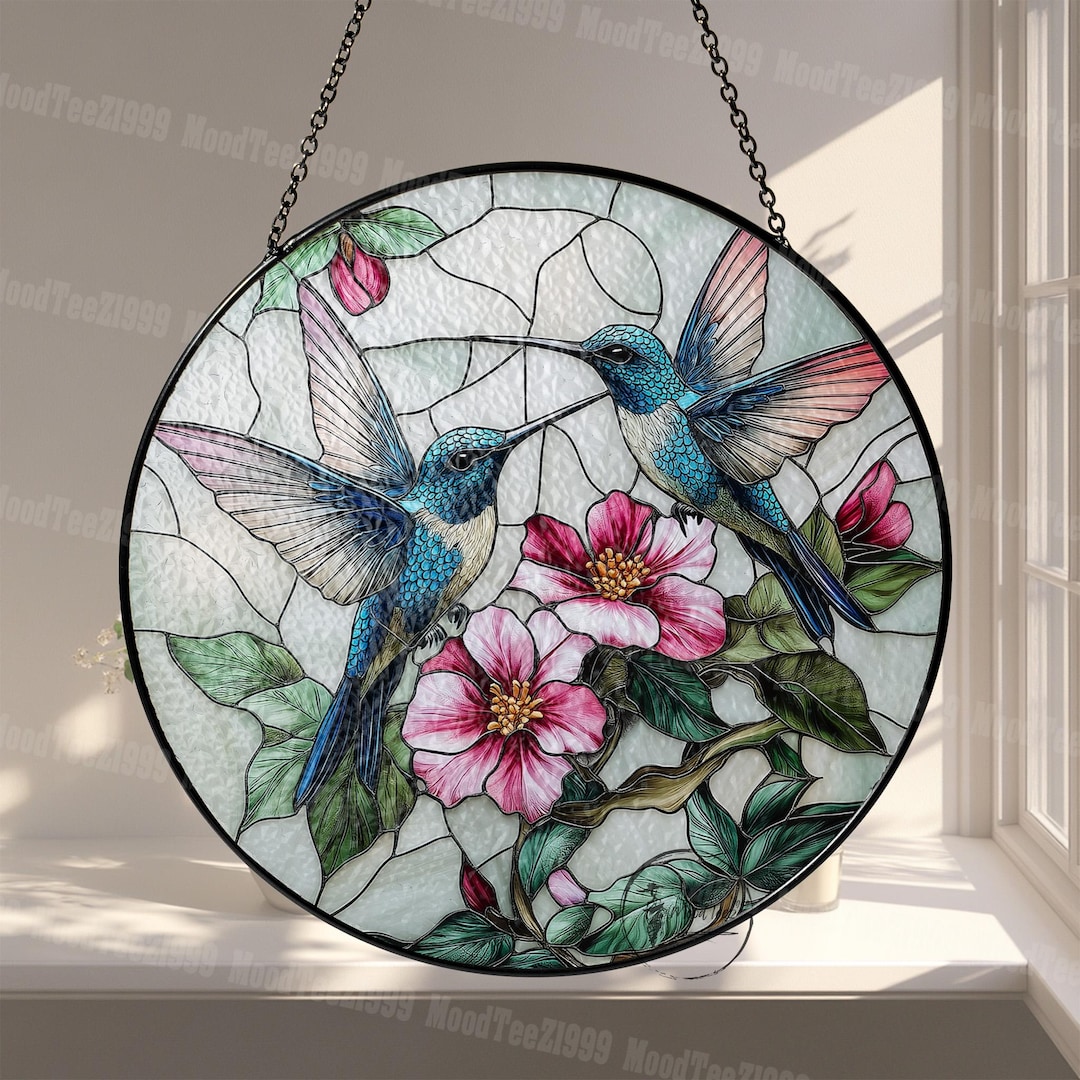 Stained Glass Hummingbird Window Hanging, Handcrafted Floral Design ...