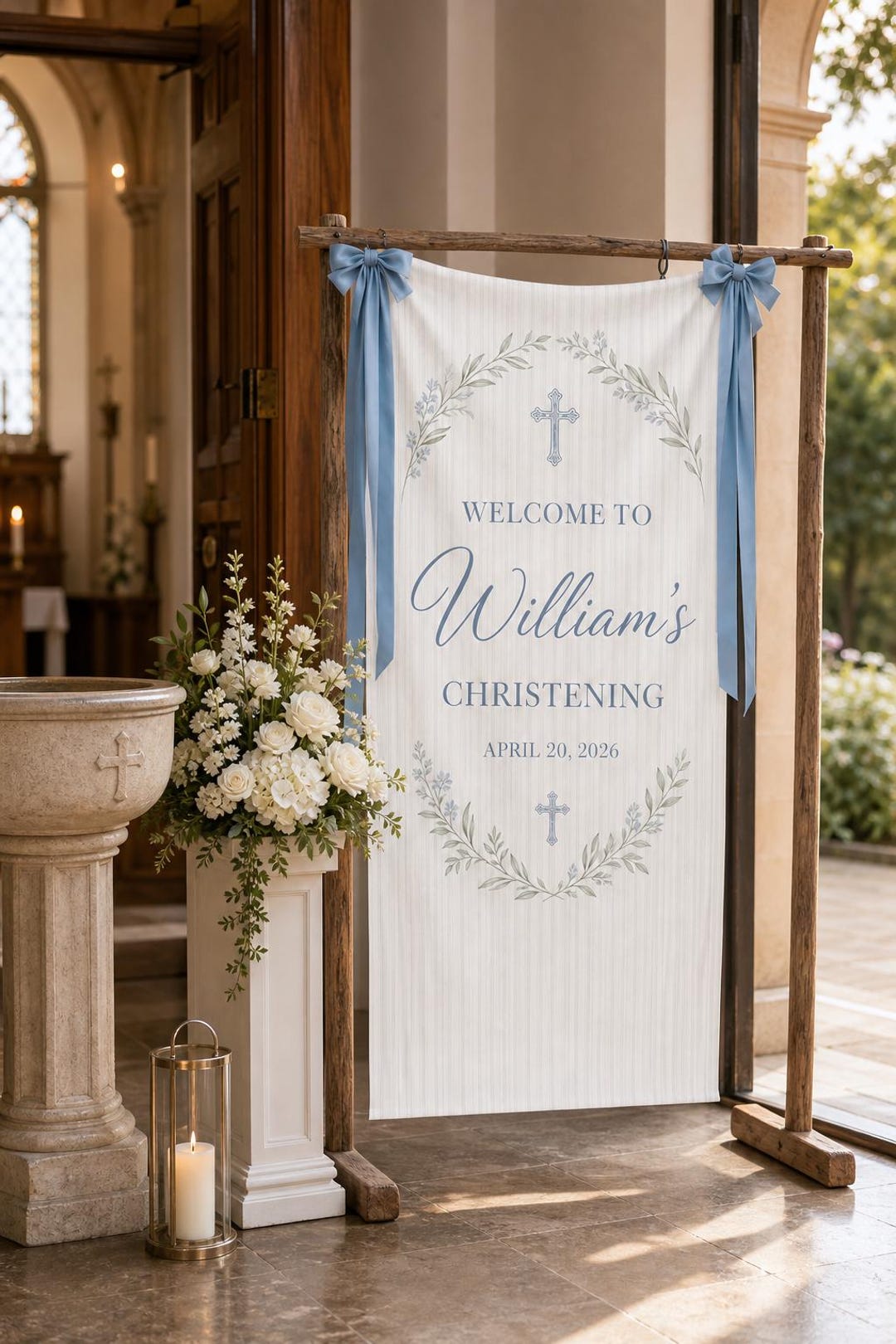 Personalized Christening Welcome Sign, Baptism Fabric Banner, Blue Baby ...