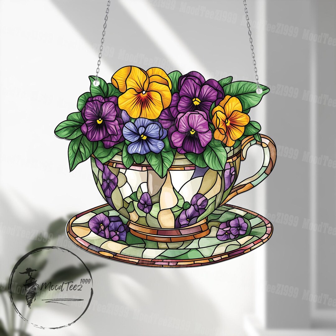 Teacup With Pansies Window Hanging, Floral Hanging, Vintage Home Decor ...