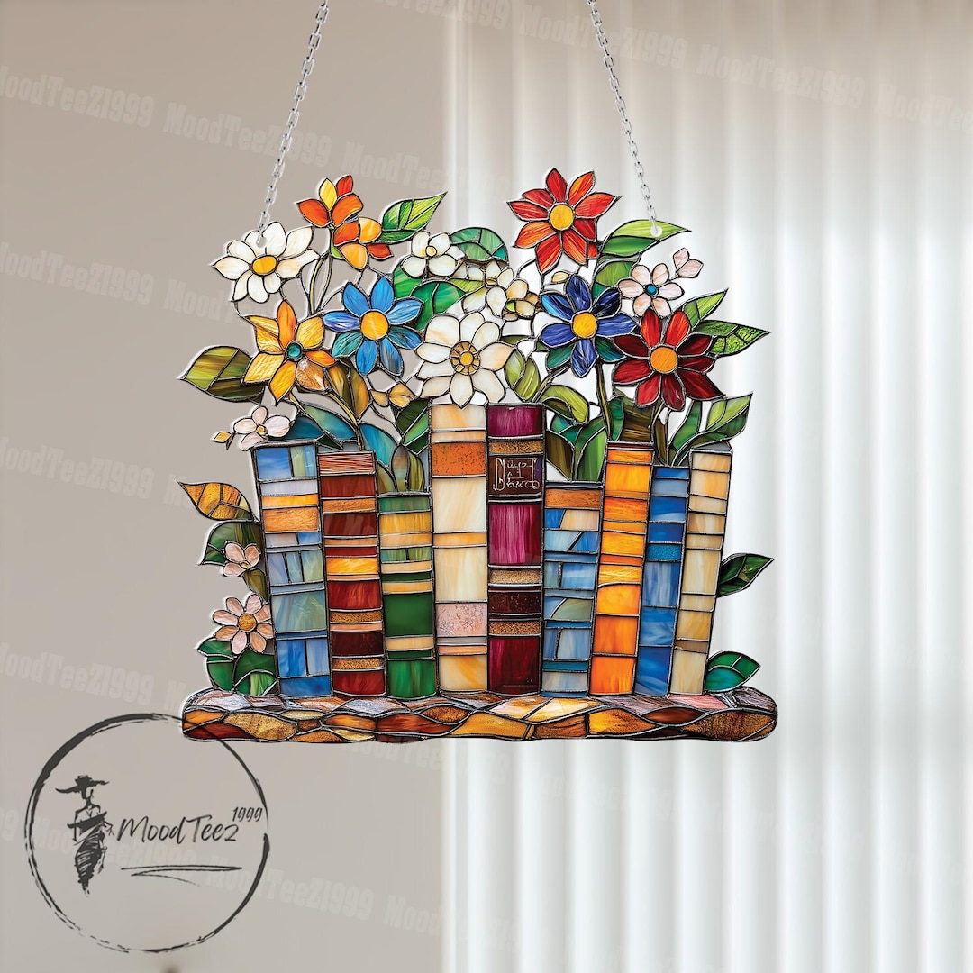 Bookshelf With Flowers Window Hanging, Colorful Book and Bloom ...